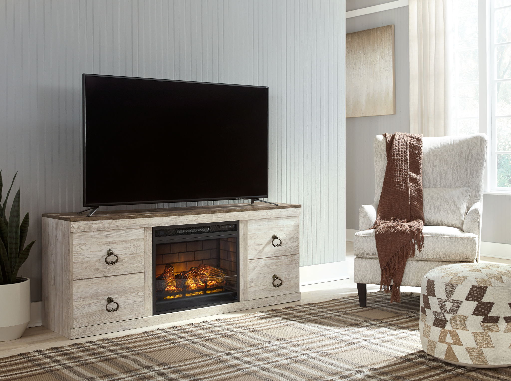 Willowton - 2 Pc. - TV Stand with Faux Firebrick Fireplace Insert - Wh ...